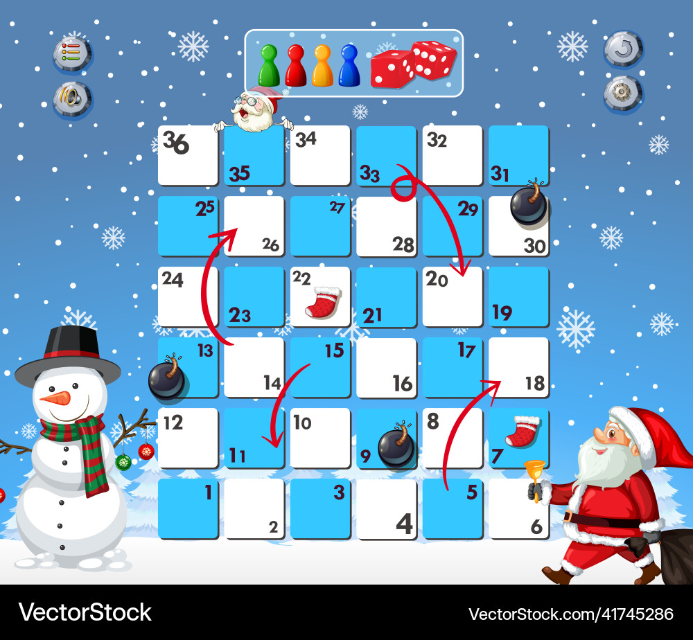 Snake and ladders game template in christmas theme