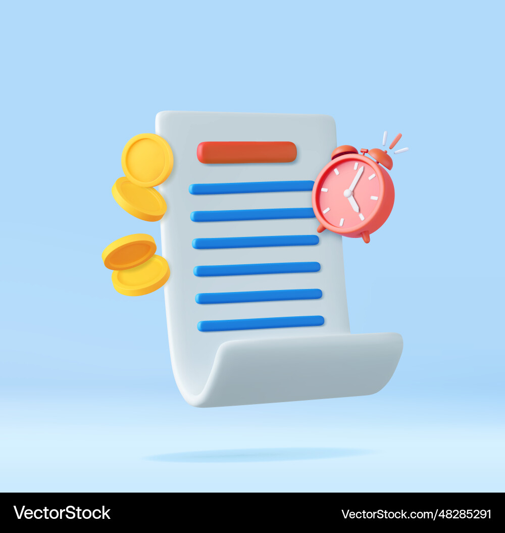 3d bill with clock and golden coins Royalty Free Vector