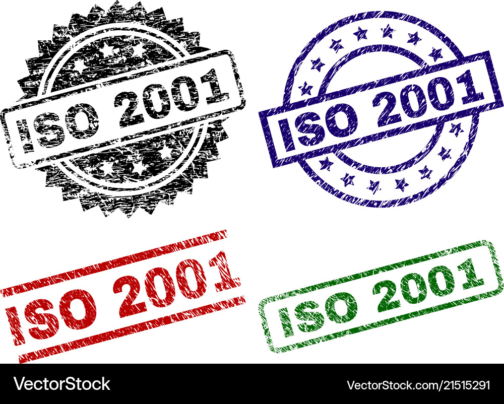 Grunge textured iso 2001 stamp seals Royalty Free Vector