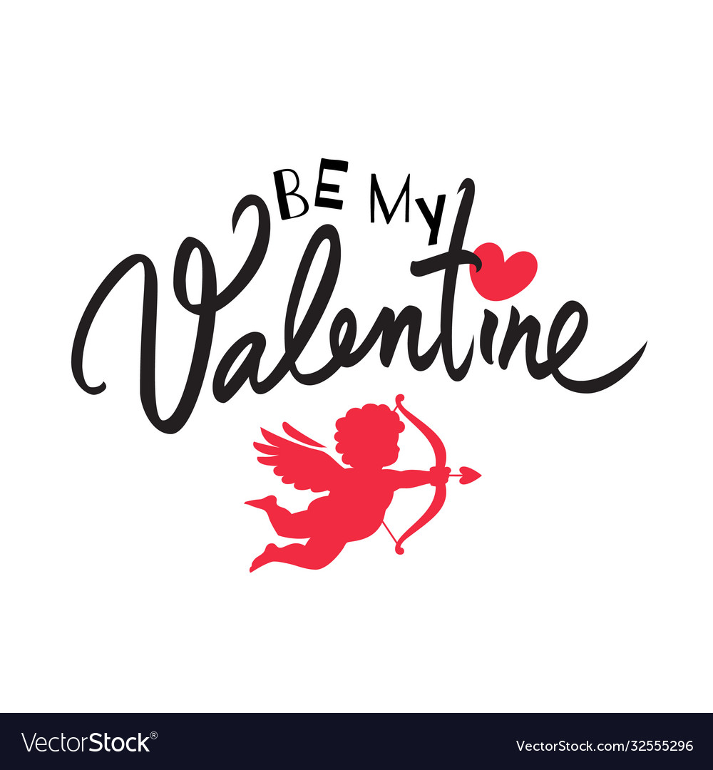 Be my valentine text with red heart and cupid Vector Image