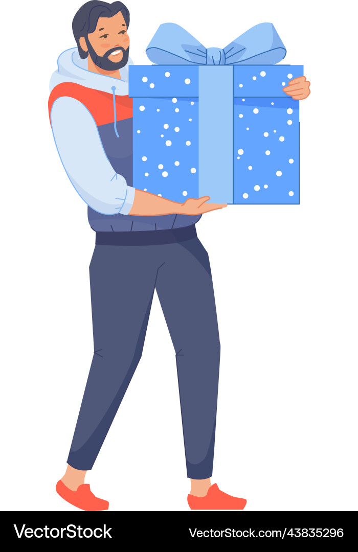 Man carrying giant gift box guy holding present Vector Image