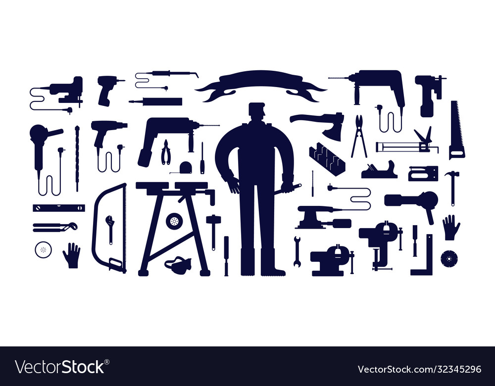 Stock workshop tool kit and worker Royalty Free Vector Image