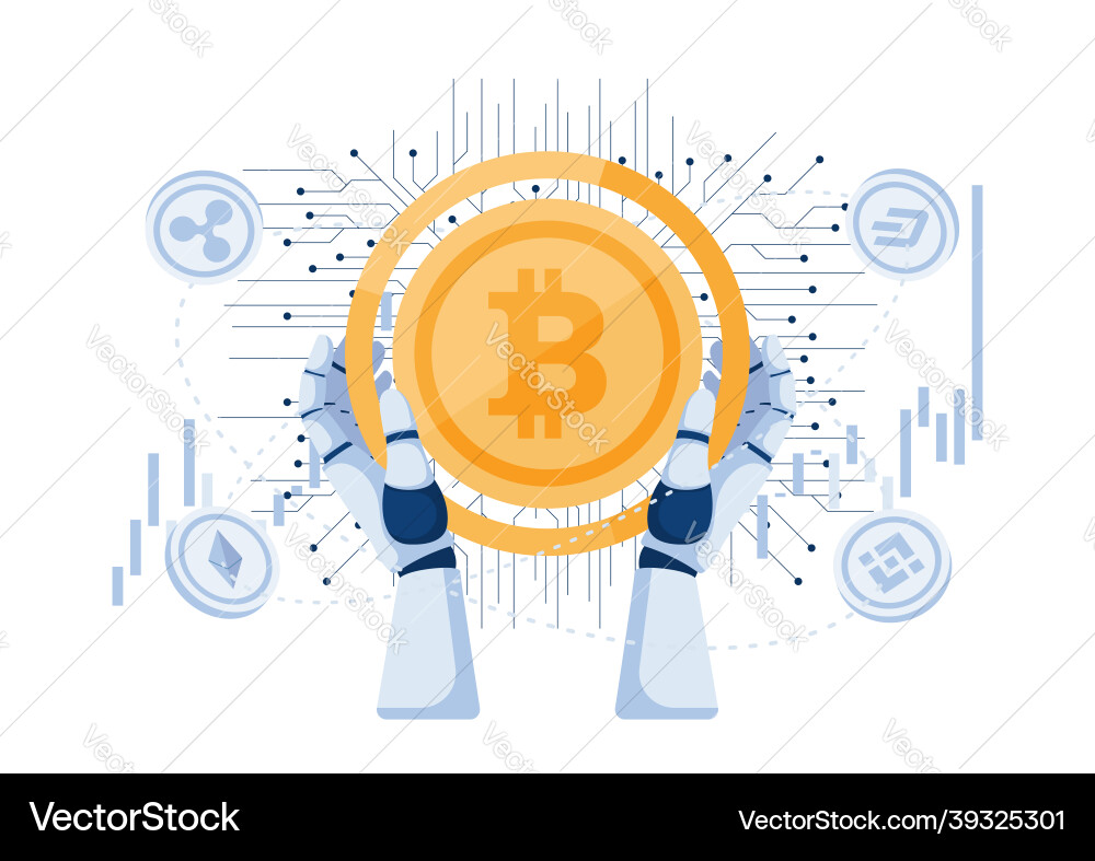 Robot hand holding bitcoin and other Royalty Free Vector