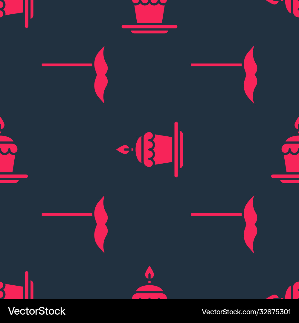 Set paper mustache on stick and cake with burning Vector Image
