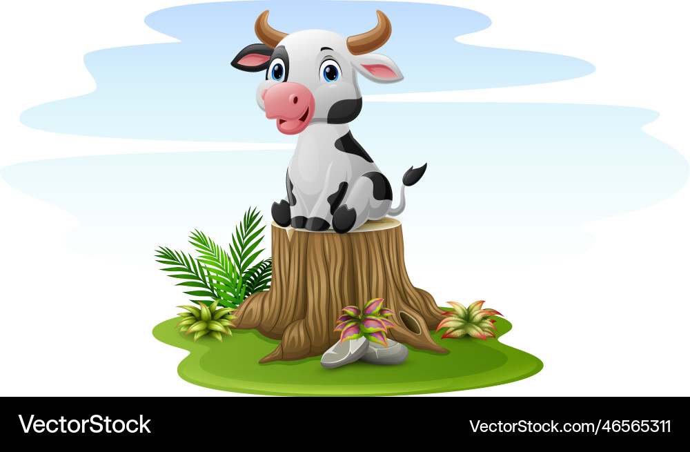 Cartoon cow sitting on tree stump Royalty Free Vector Image