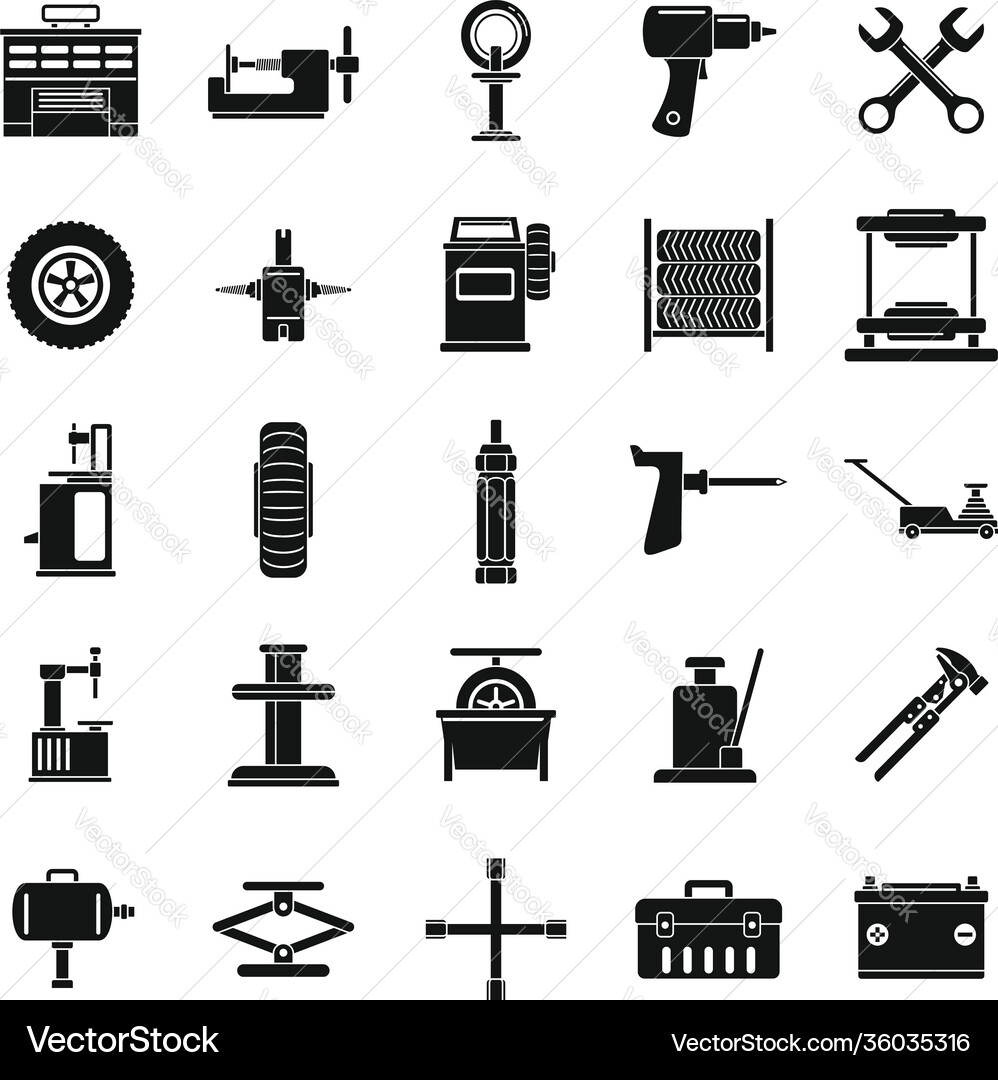 Car tire fitting icons set simple style Royalty Free Vector