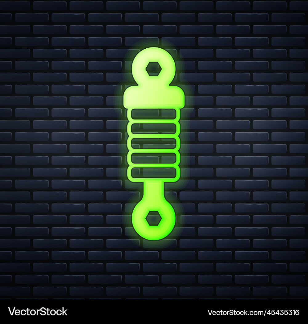 Glowing neon shock absorber icon isolated on brick
