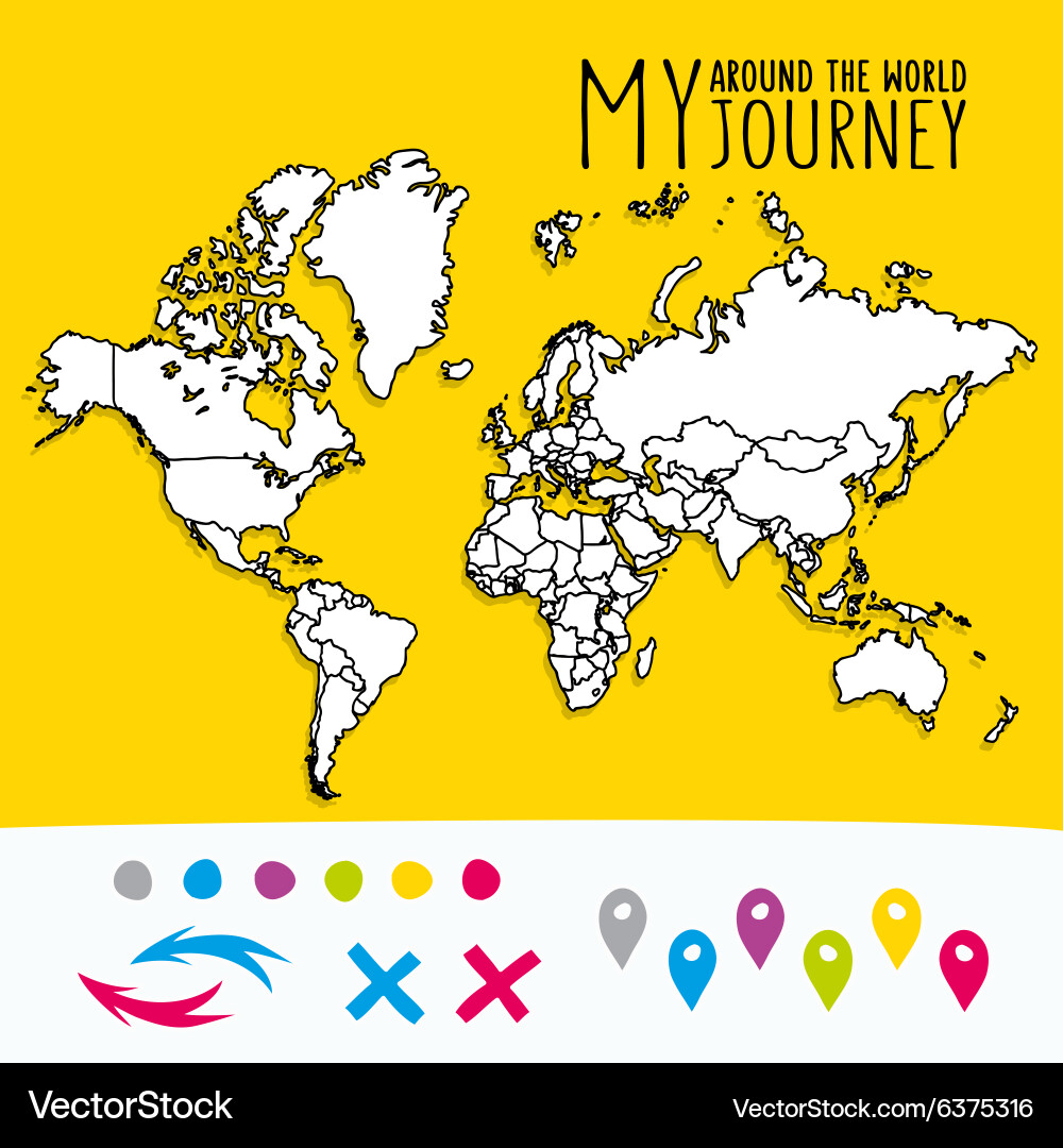 Hand drawn world map with pins and arrows Vector Image