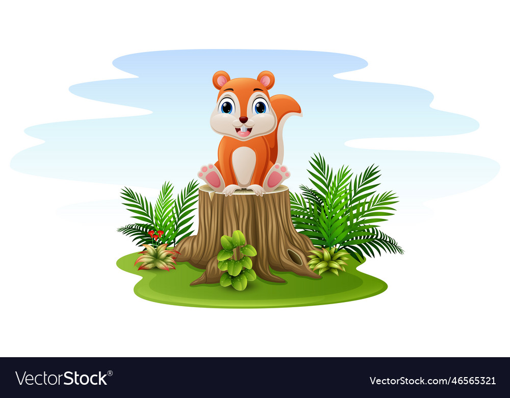 Cartoon squirrel sitting on tree stump Royalty Free Vector