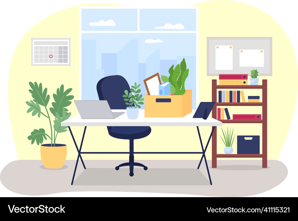 Workplace desk with box of stationery 2d web Vector Image