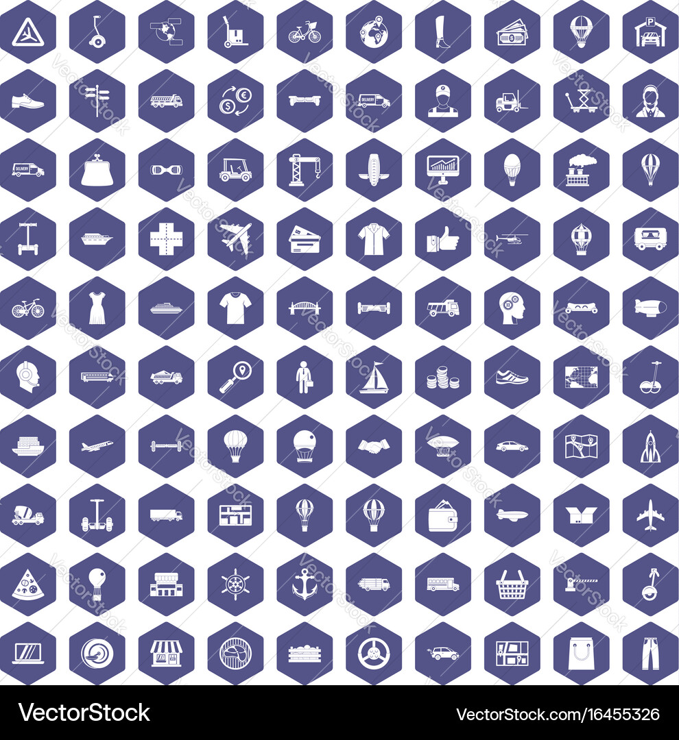 100 logistics icons hexagon purple Royalty Free Vector Image