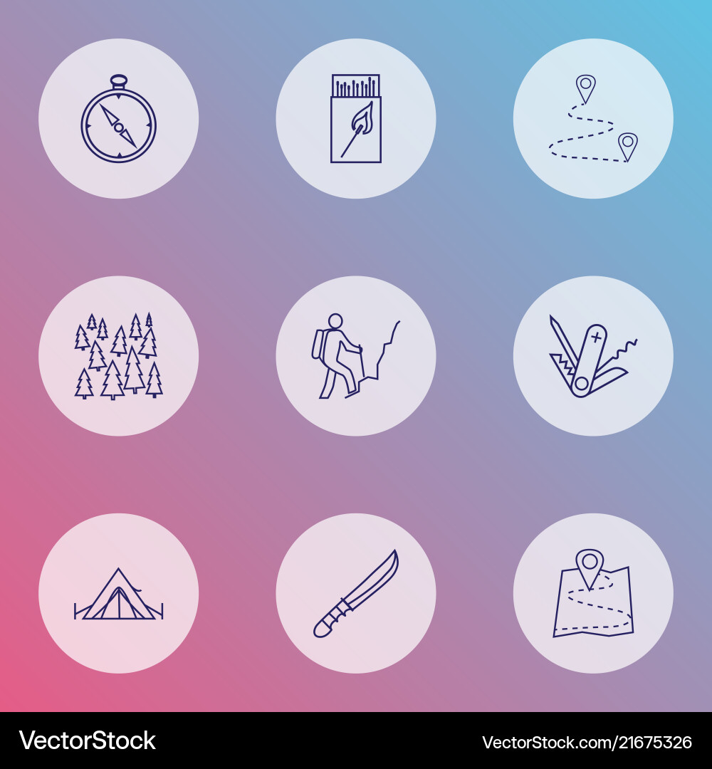 Camping icons line style set with compass tent Vector Image