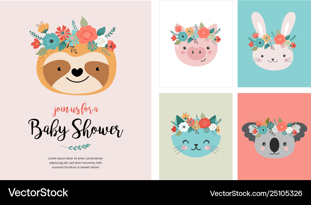 Cute animals heads with flower crown Royalty Free Vector