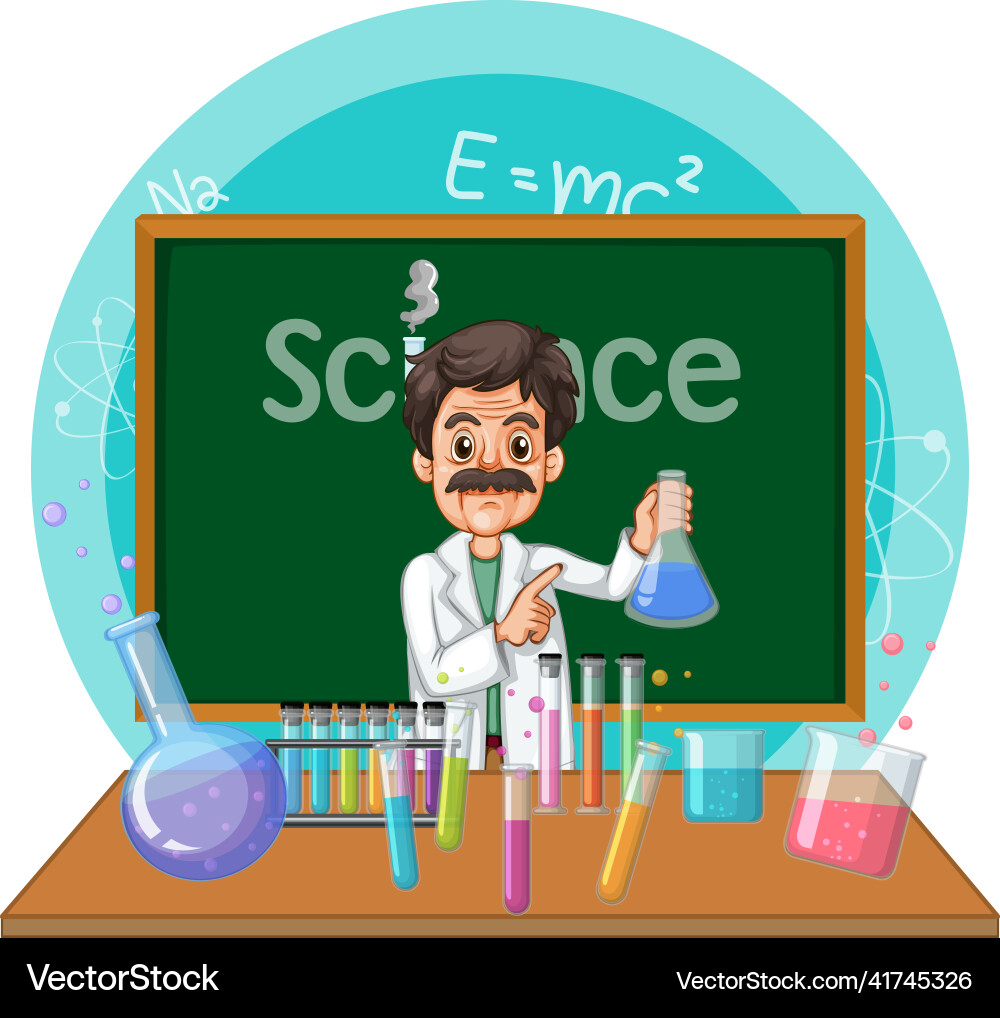 Scientist man cartoon character with laboratory Vector Image