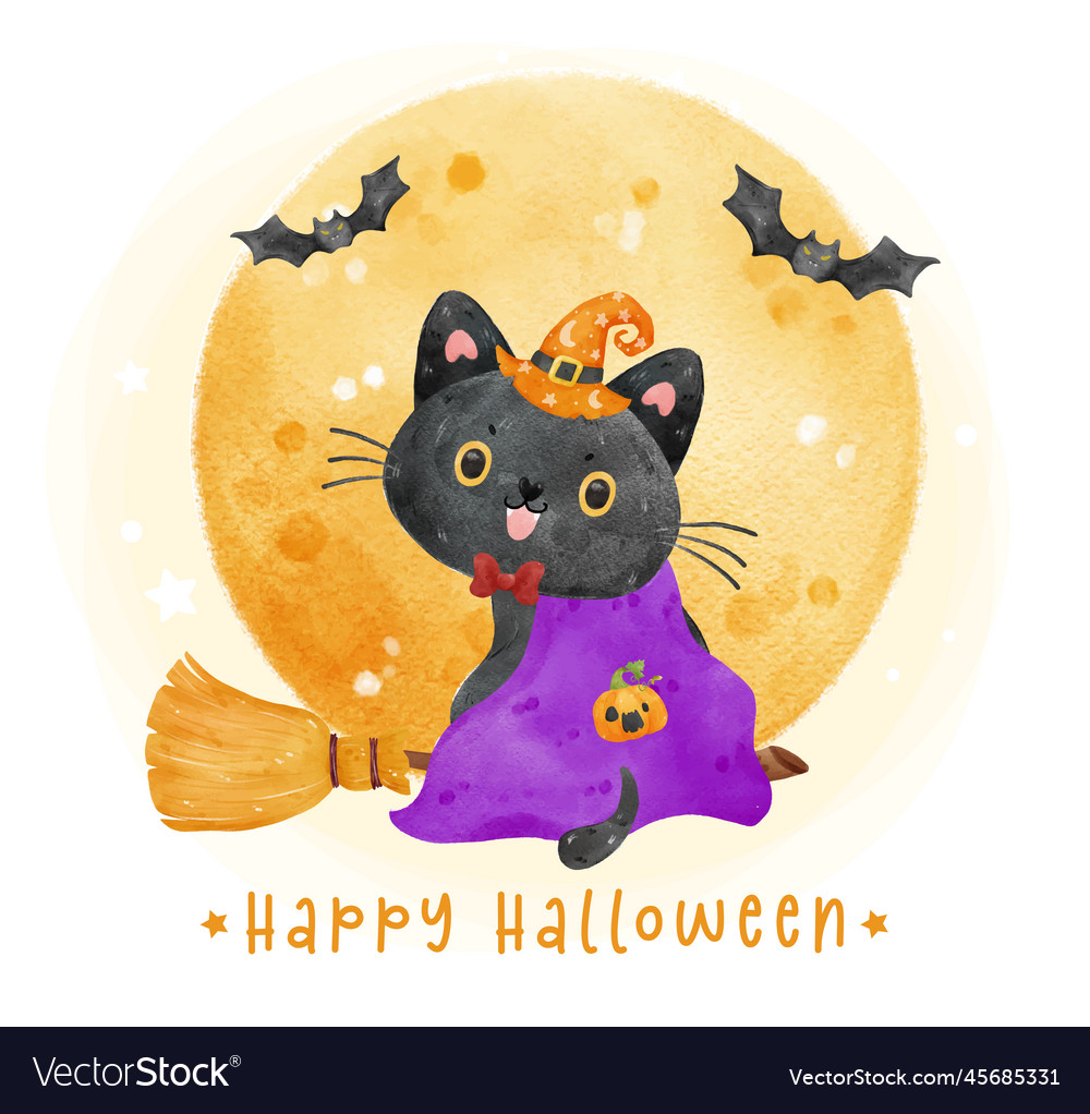 Cute smile halloween black cat wear witch hat Vector Image