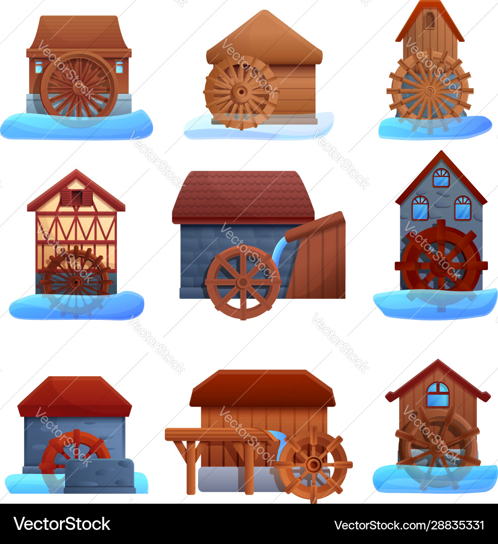 Water mill icons set cartoon style Royalty Free Vector Image