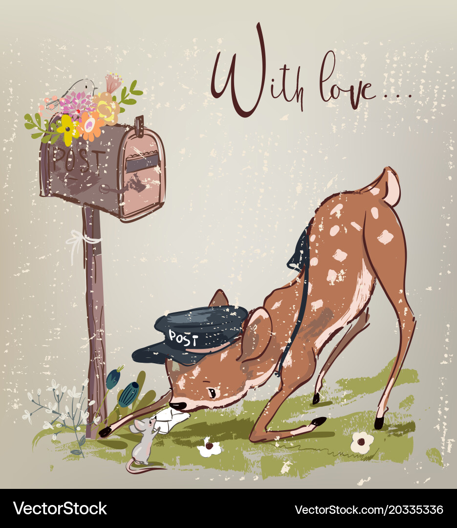 Cute fawn and mouse with letter Royalty Free Vector Image