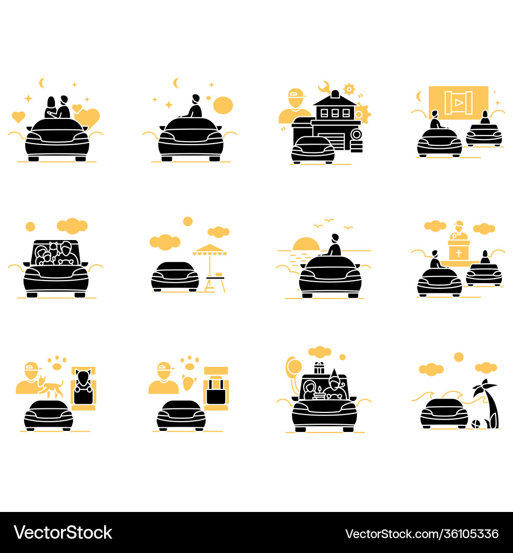 Getaway car glyph icons set Royalty Free Vector Image