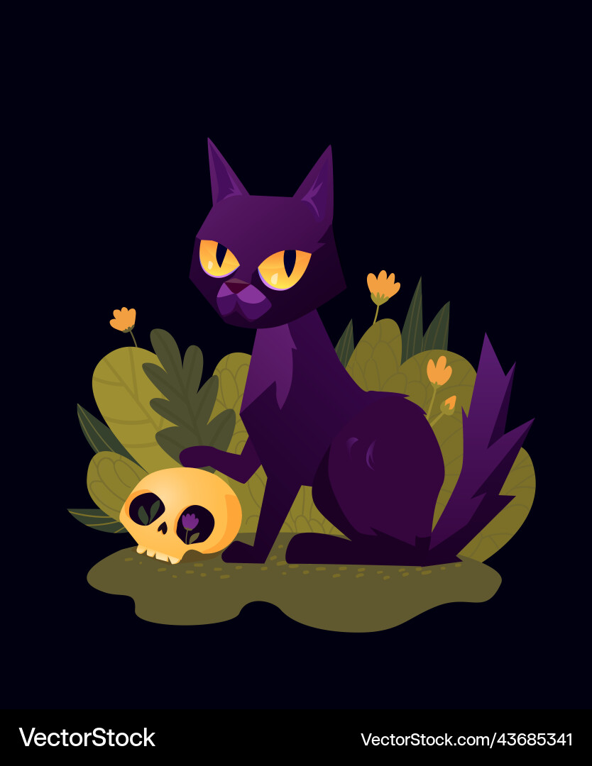 Black cat with skull and flowers evil cat Vector Image