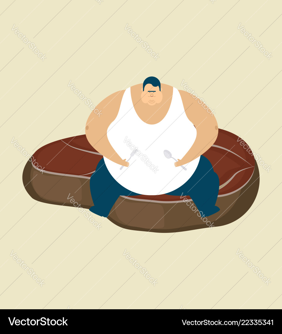Fat guy and steak glutton thick man and piece Vector Image