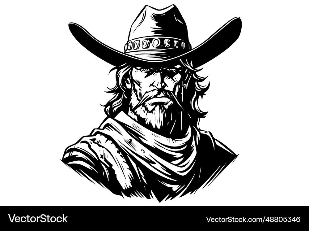 Cowboy sheriff bust or head on hat in engraving Vector Image