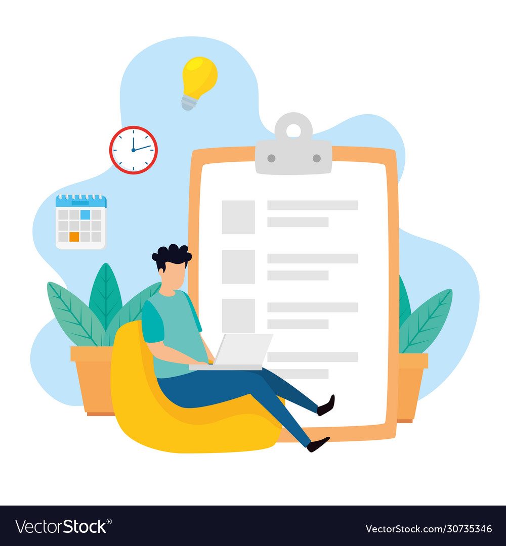 Young man with laptop and set icons Royalty Free Vector