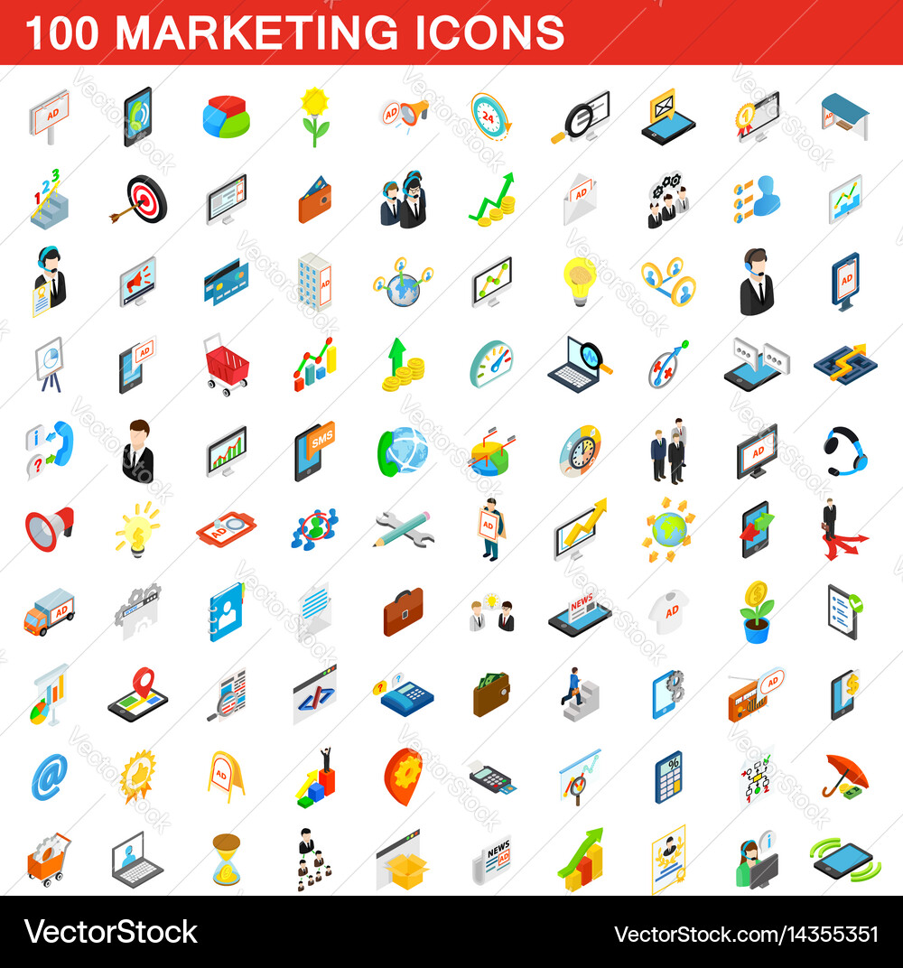 100 marketing icons set isometric 3d style Vector Image