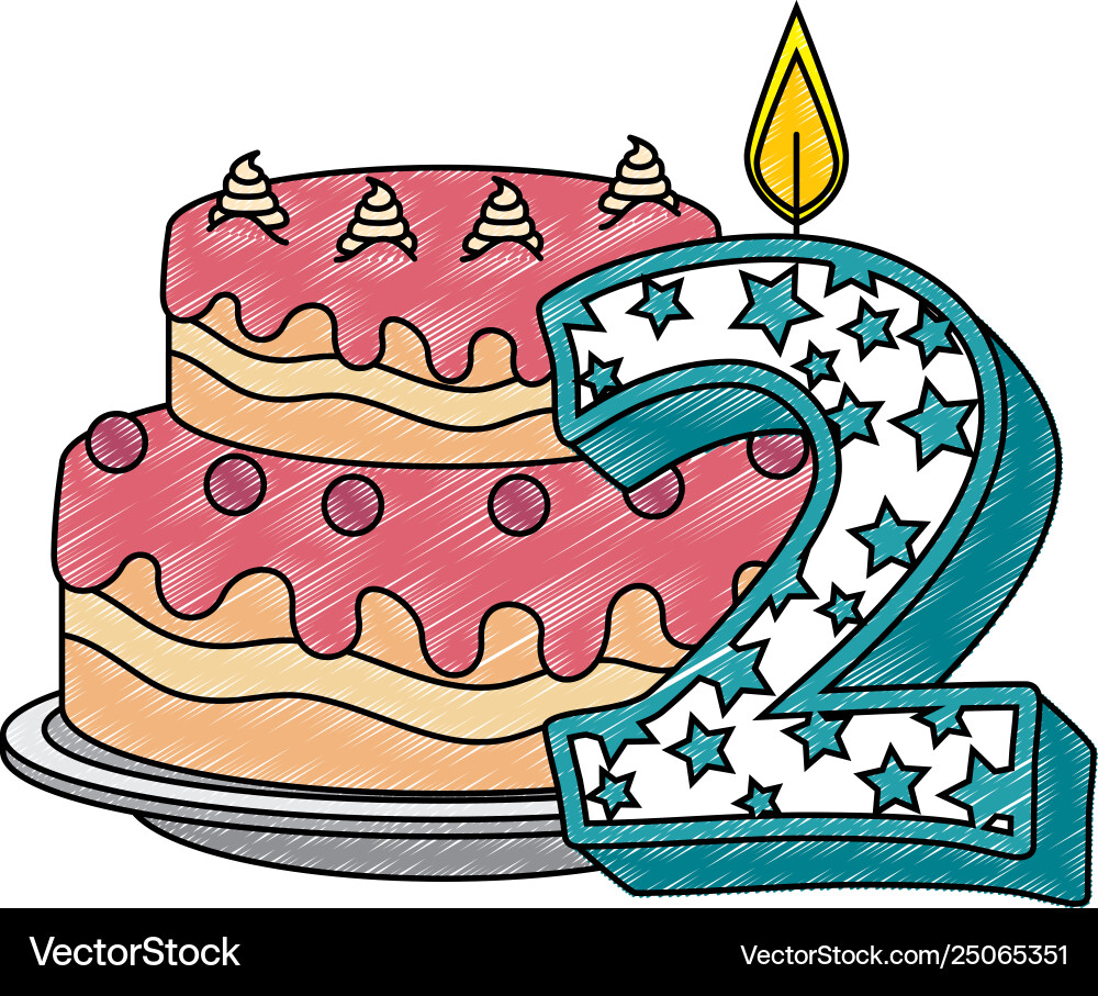 Cute number two candle with sweet cake Royalty Free Vector