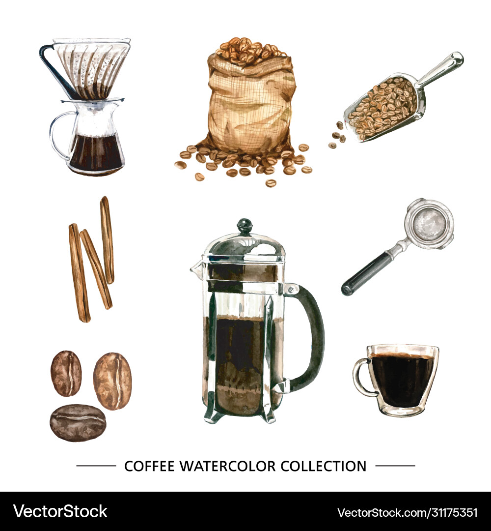 Set isolated watercolor coffee design on white Vector Image