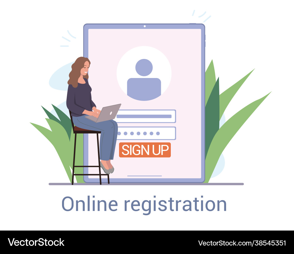 Young female character registering online Vector Image
