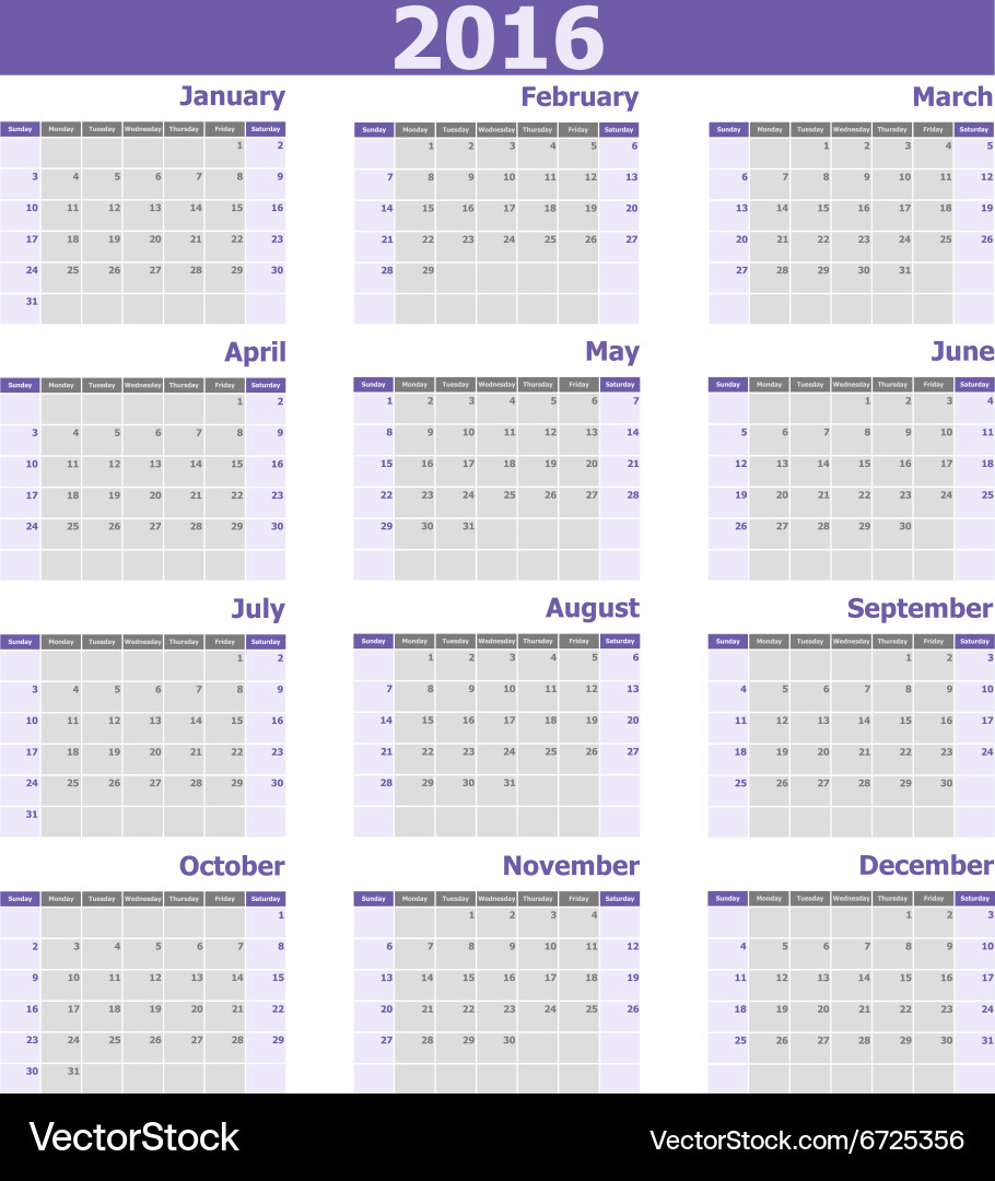 Calendar 2016 week starts from sunday Royalty Free Vector