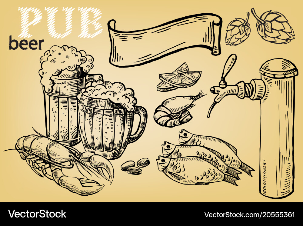 Beer tower hops mug and glass Royalty Free Vector Image
