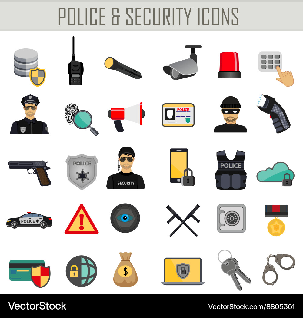 Police security and crime icons set Royalty Free Vector