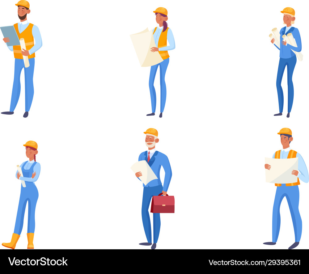 Set various builders in blue clothing Royalty Free Vector