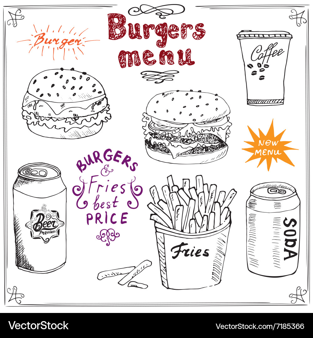 Burger menu hand drawn sketch fastfood poster Vector Image
