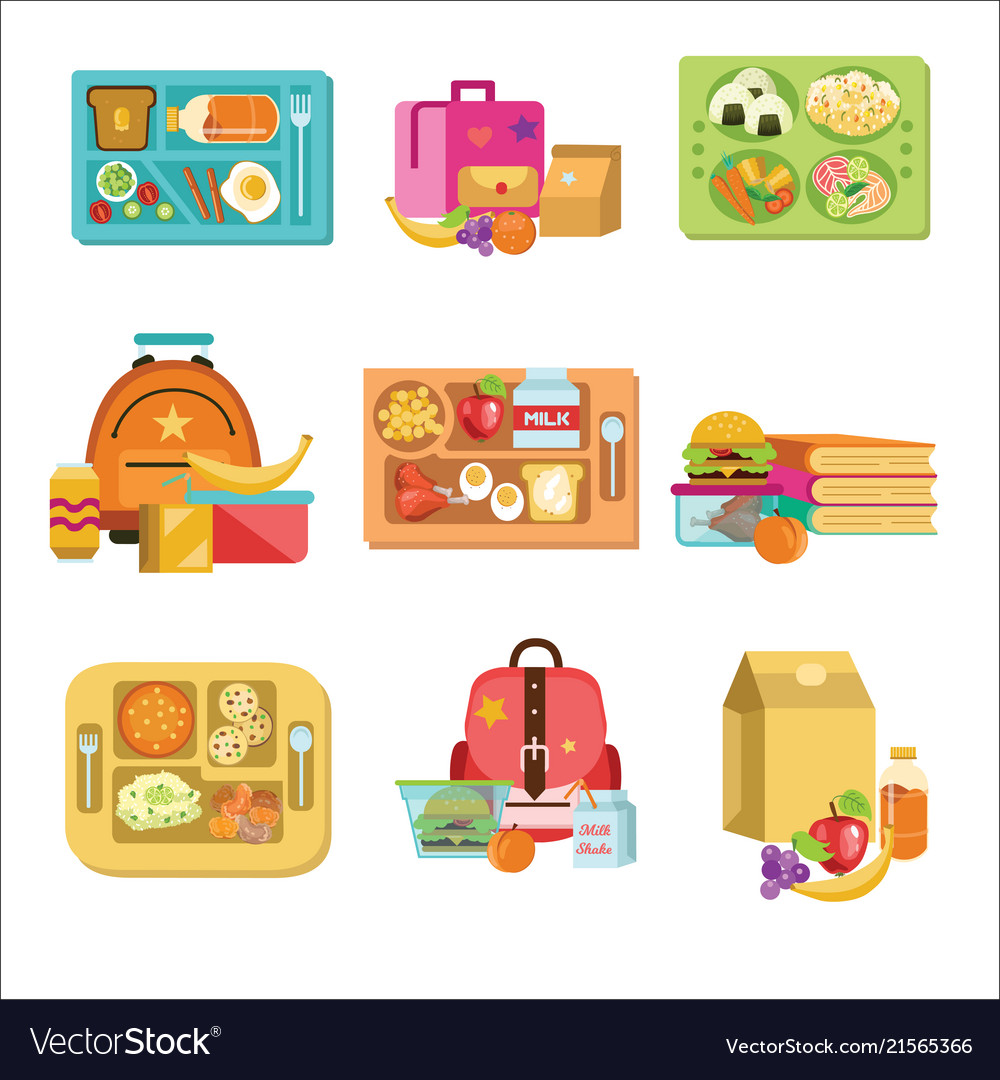 School lunch set food boxes and kids bags Vector Image