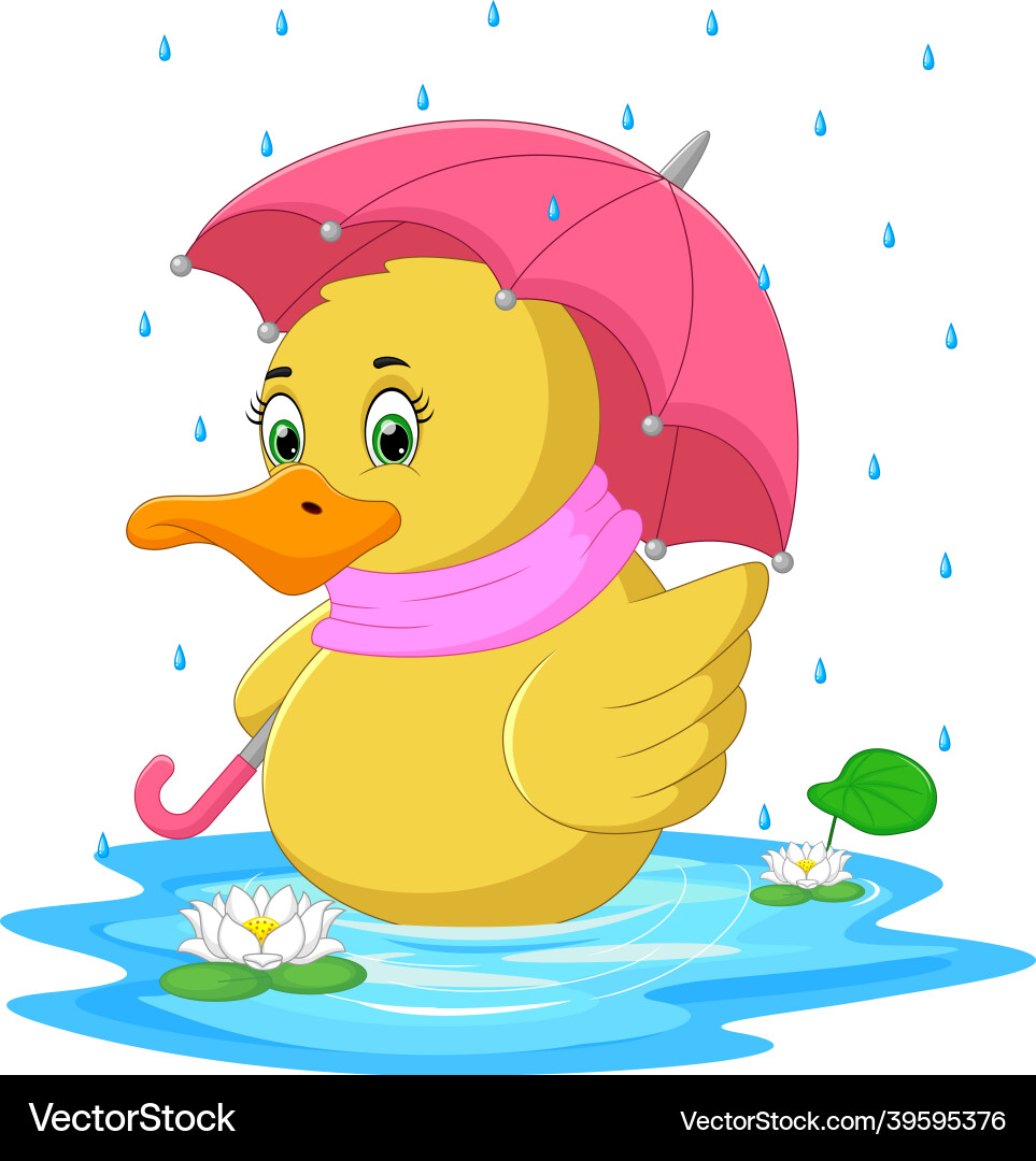 Cartoon cute duck using umbrella in the rain Vector Image