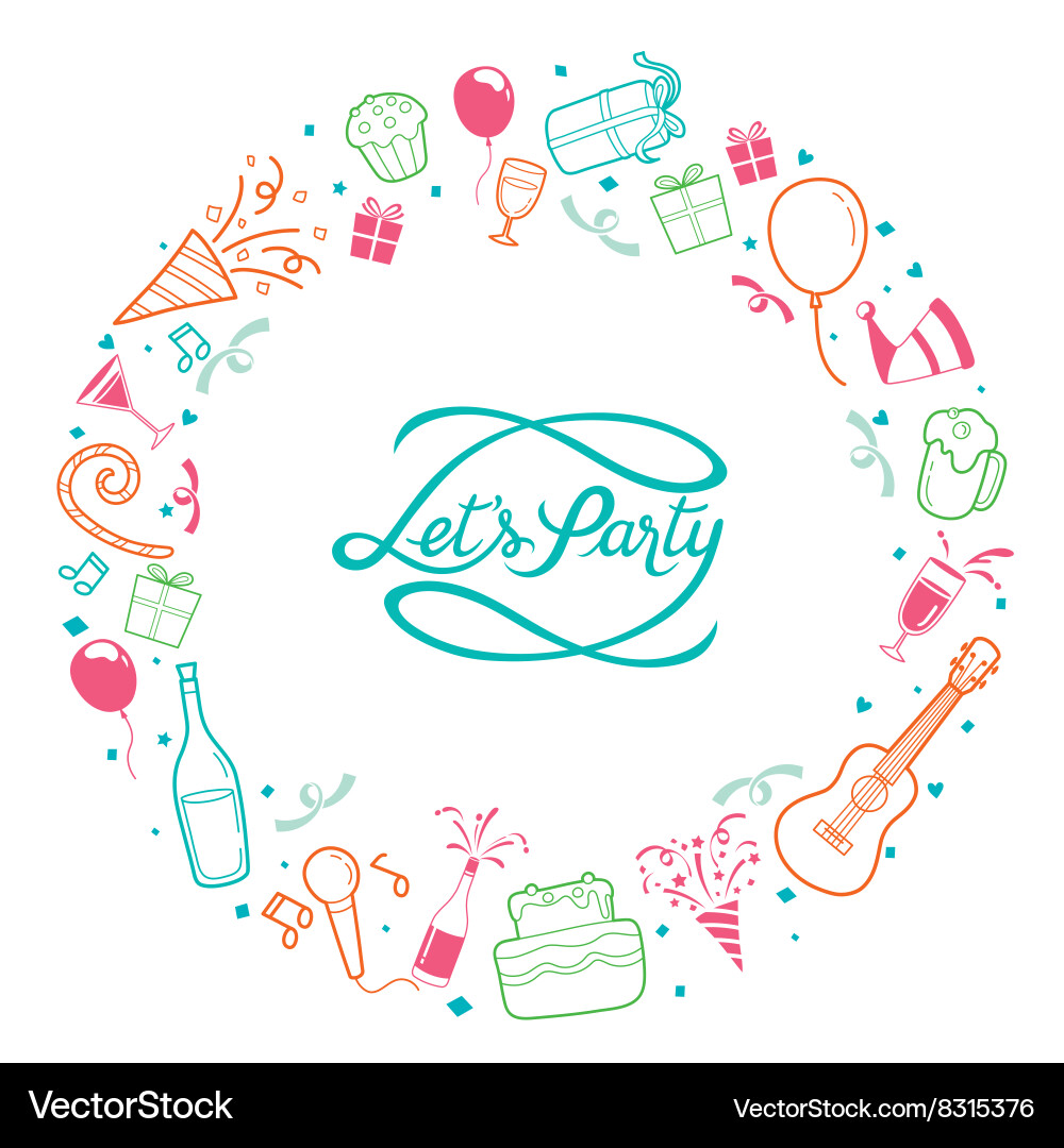 Party letter and icons on round frame Royalty Free Vector