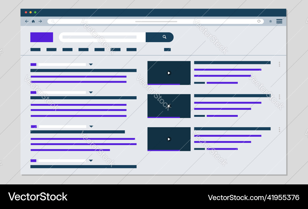 Search result with side bar play video website Vector Image
