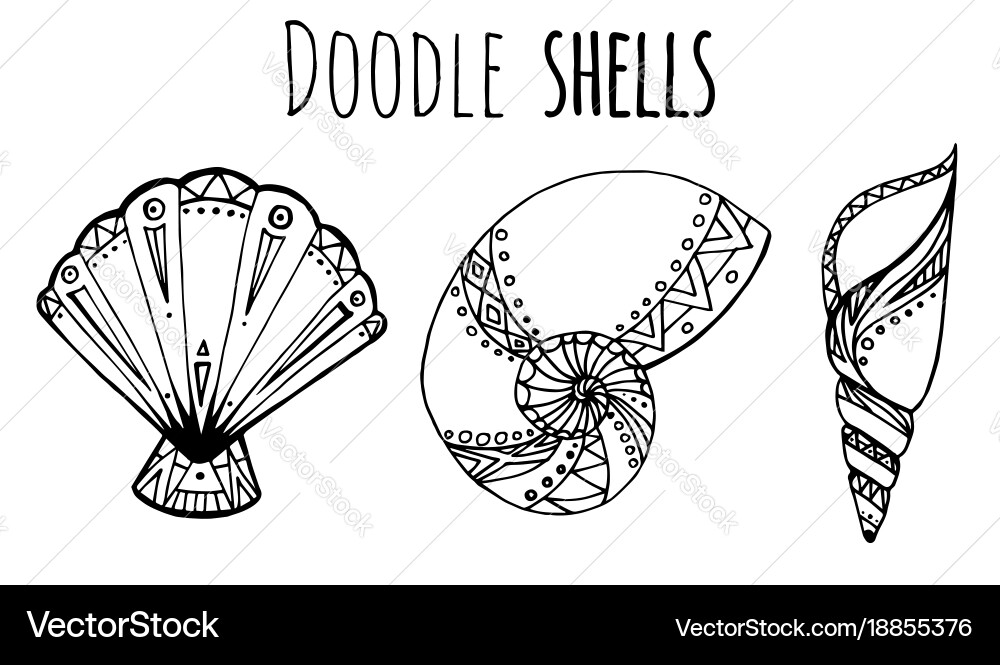 Set of black and white doodle seashell Royalty Free Vector
