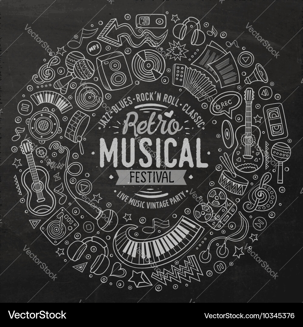 Set of musical cartoon doodle objects symbols Vector Image