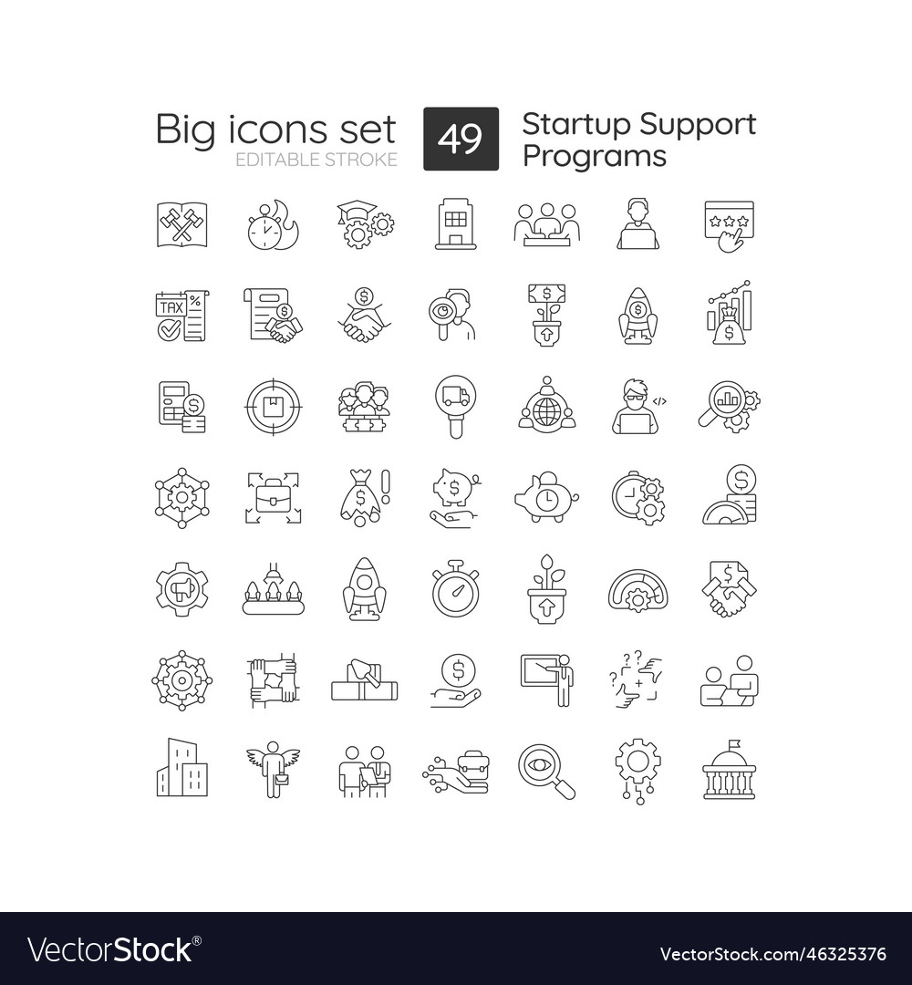 Startup support programs linear icons set Vector Image