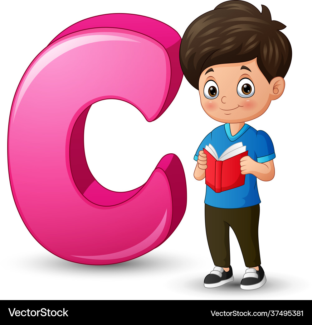 A boy reading book beside letter c Royalty Free Vector Image