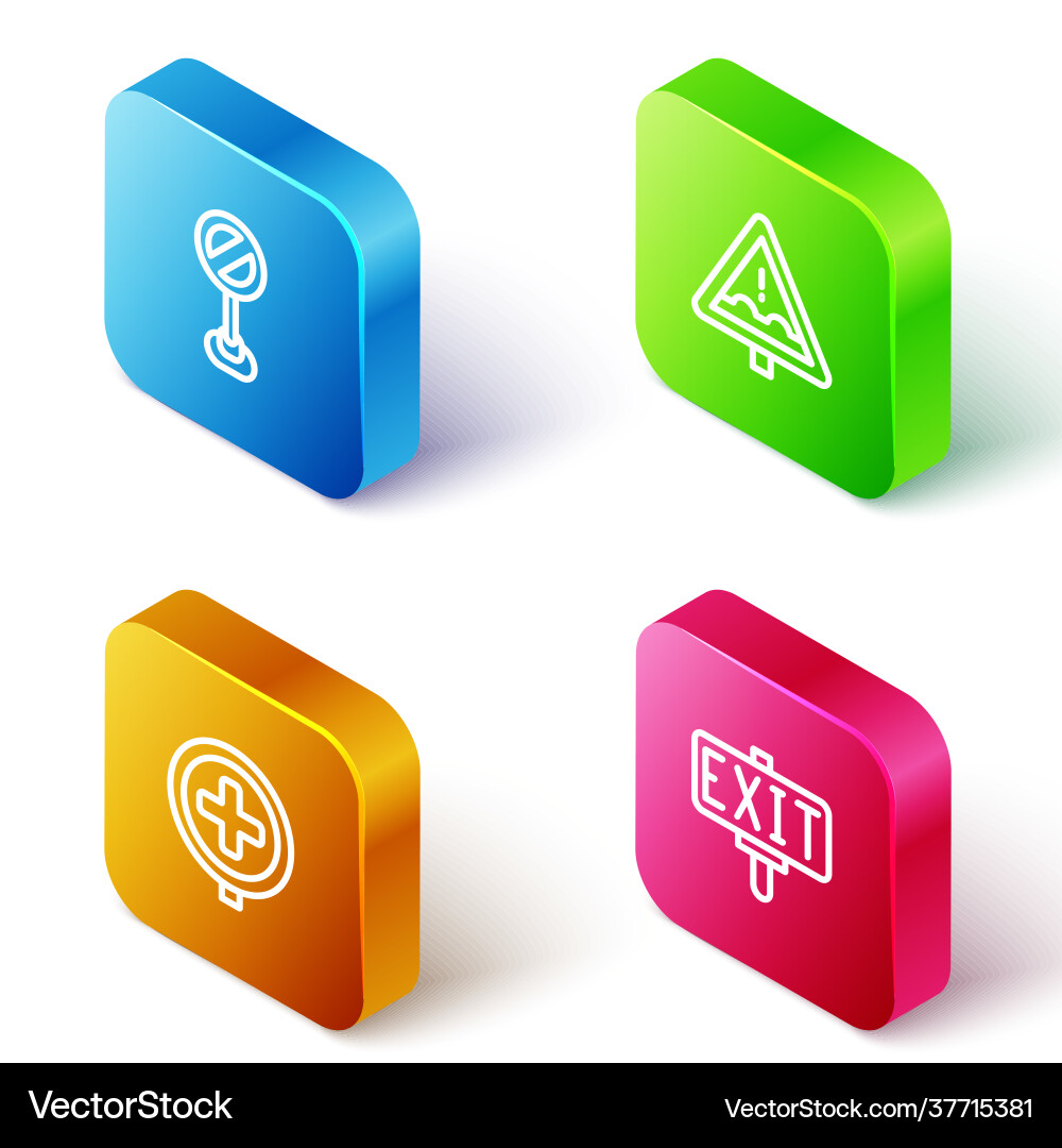 Set isometric line stop sign uneven road ahead Vector Image