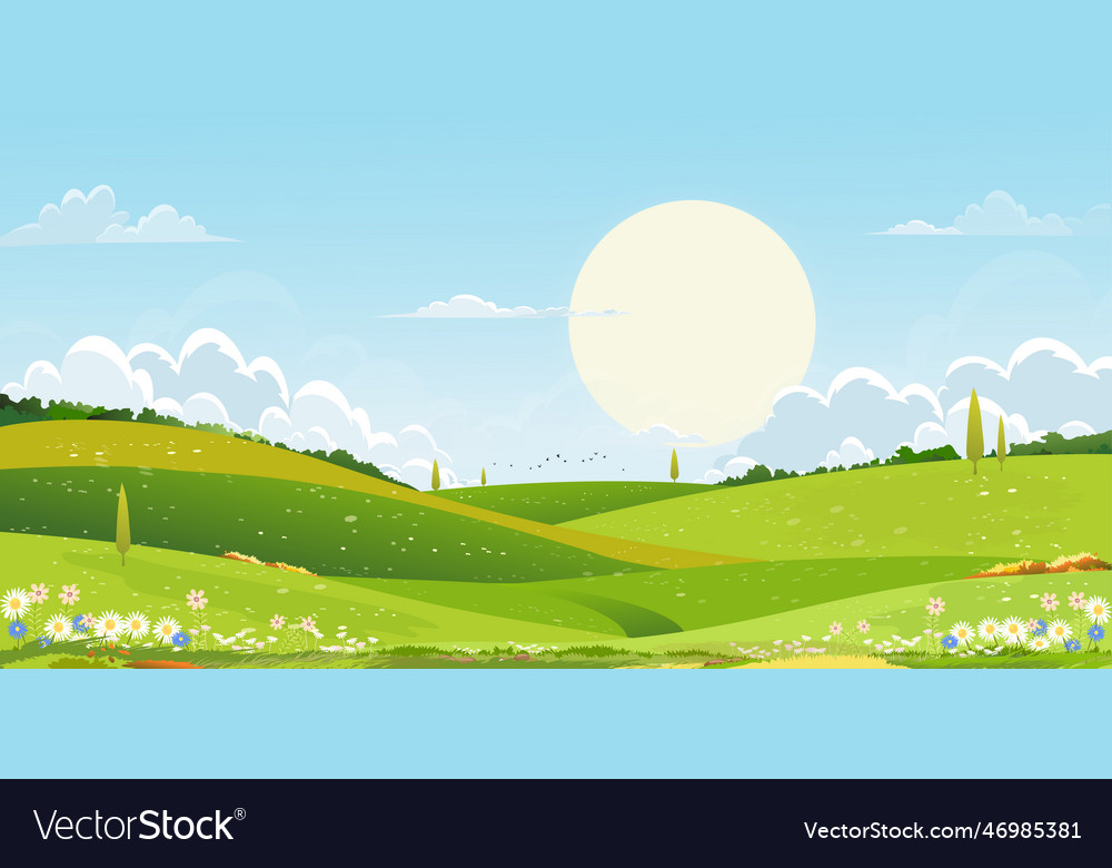 Spring green fields landscape with sun over Vector Image