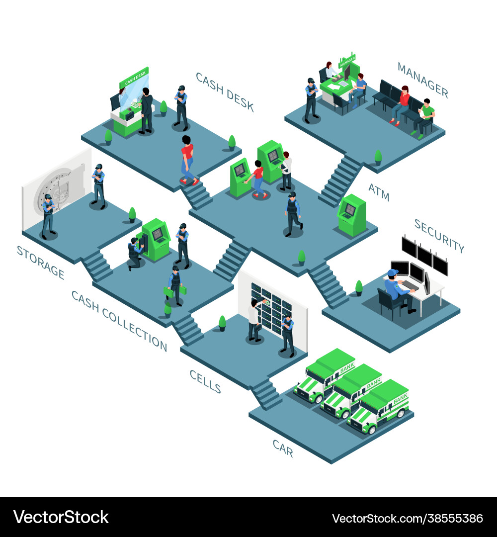 Bank branch rooms isometric composition Royalty Free Vector