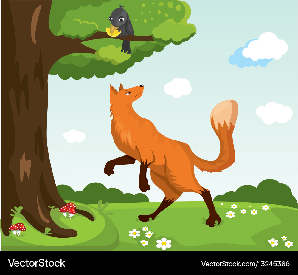 Red fox and crow with cheese funny characters Vector Image