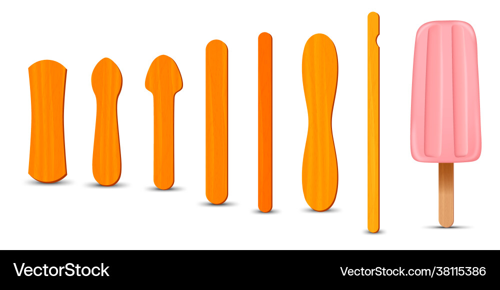Set realistic popsicle sticks pink strawberry Vector Image