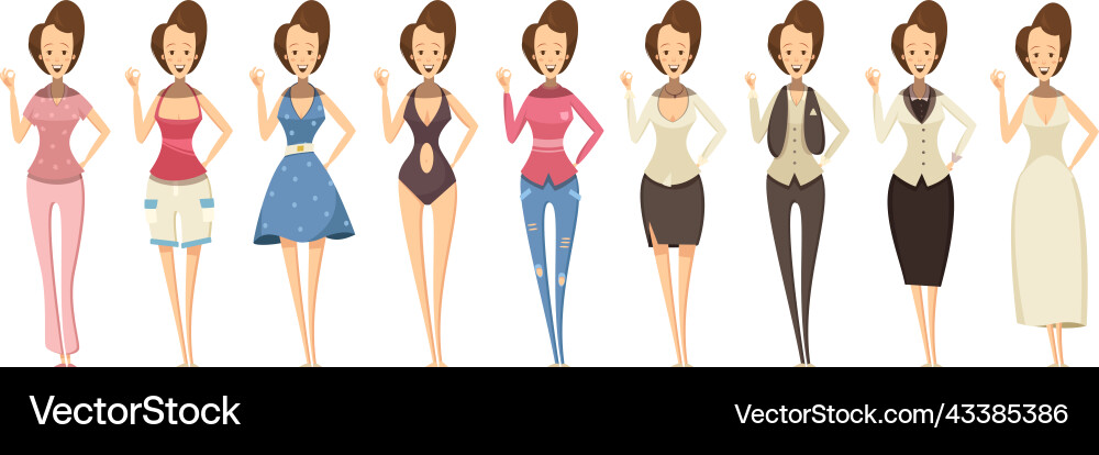 Woman in various outfits set Royalty Free Vector Image