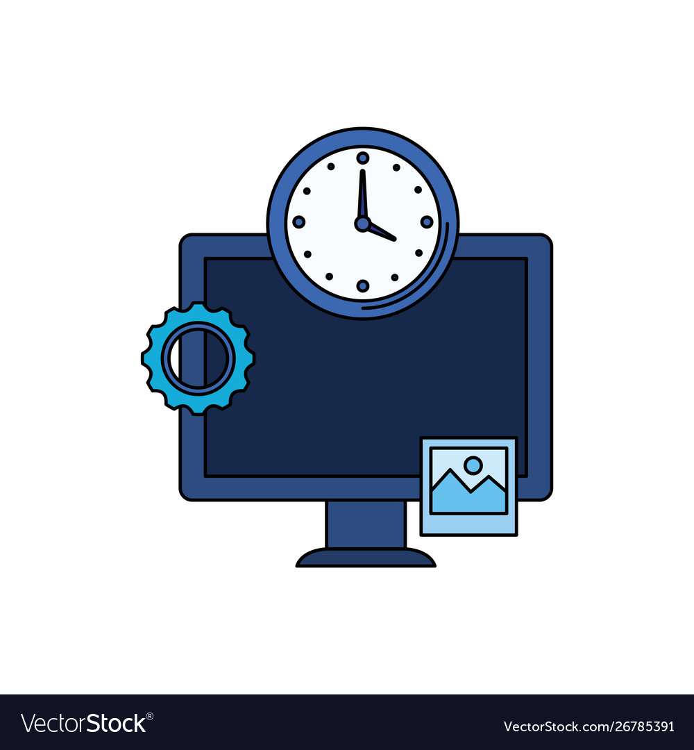 Desktop computer with time clock Royalty Free Vector Image
